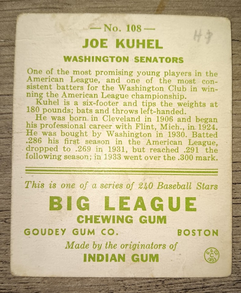 JOE KUHEL VINTAGE ORIGINAL 1933 GOUDEY BASEBALL CARD #108 UNGRADED MLB ...