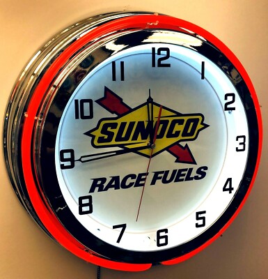 19" Sunoco Race Fuels Sign Gas Oil Double Red Neon Clock Chrome Finish ...