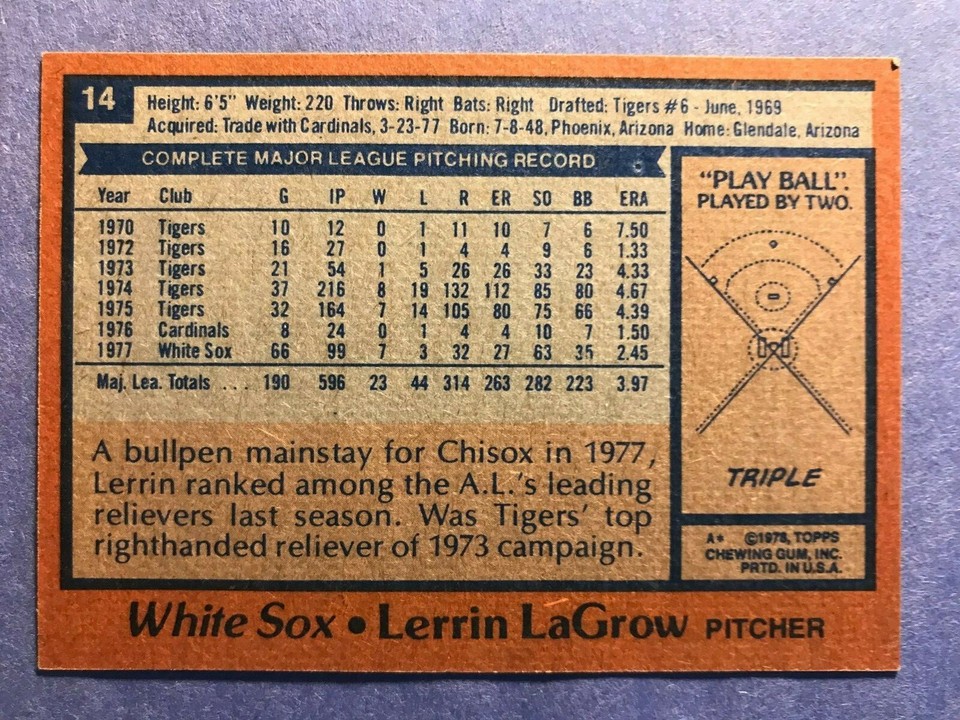 SIGNED LERRIN LaGROW AUTOGRAPHED 1978 TOPPS BASEBALL CARD - WHITE SOX ...