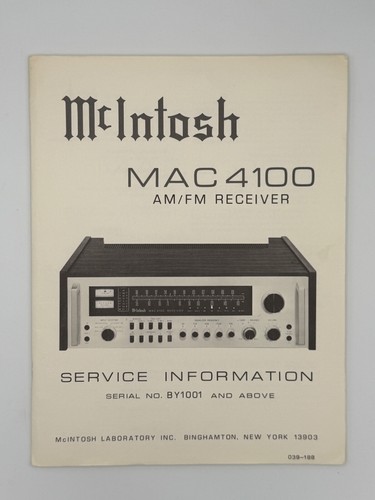 MCINTOSH MAC4100 AM/FM RECEIVER SERVICE INFORMATION - ORIGINAL/ BY1001 ...