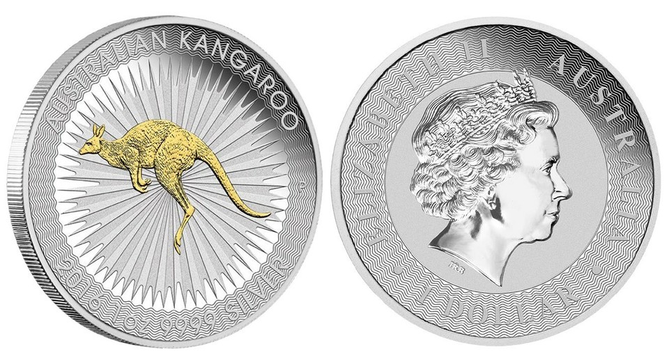 Australian First Gilded 2016 Kangaroo Proof Silver 1 oz Dollar $1 Coin ...