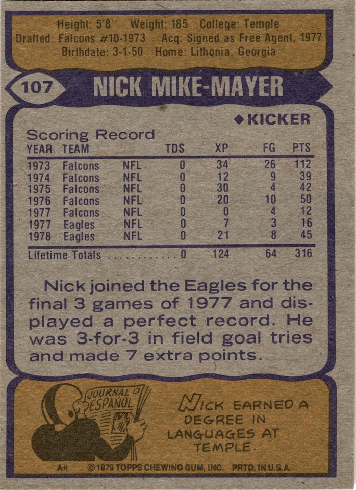 1979 Topps #107 Nick Mike-Mayer Great! | eBay
