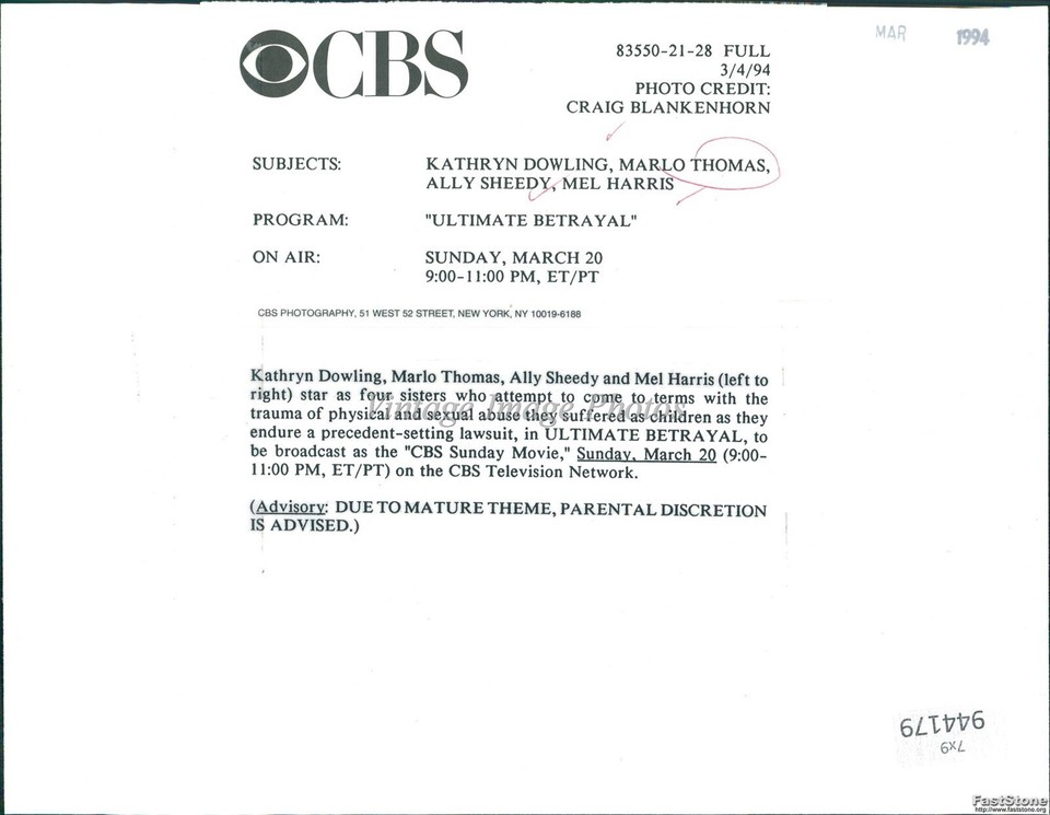 1994 Dowling Thomas Sheedy Harris Cbs Movie Ultimate Betrayal Wirephoto ...