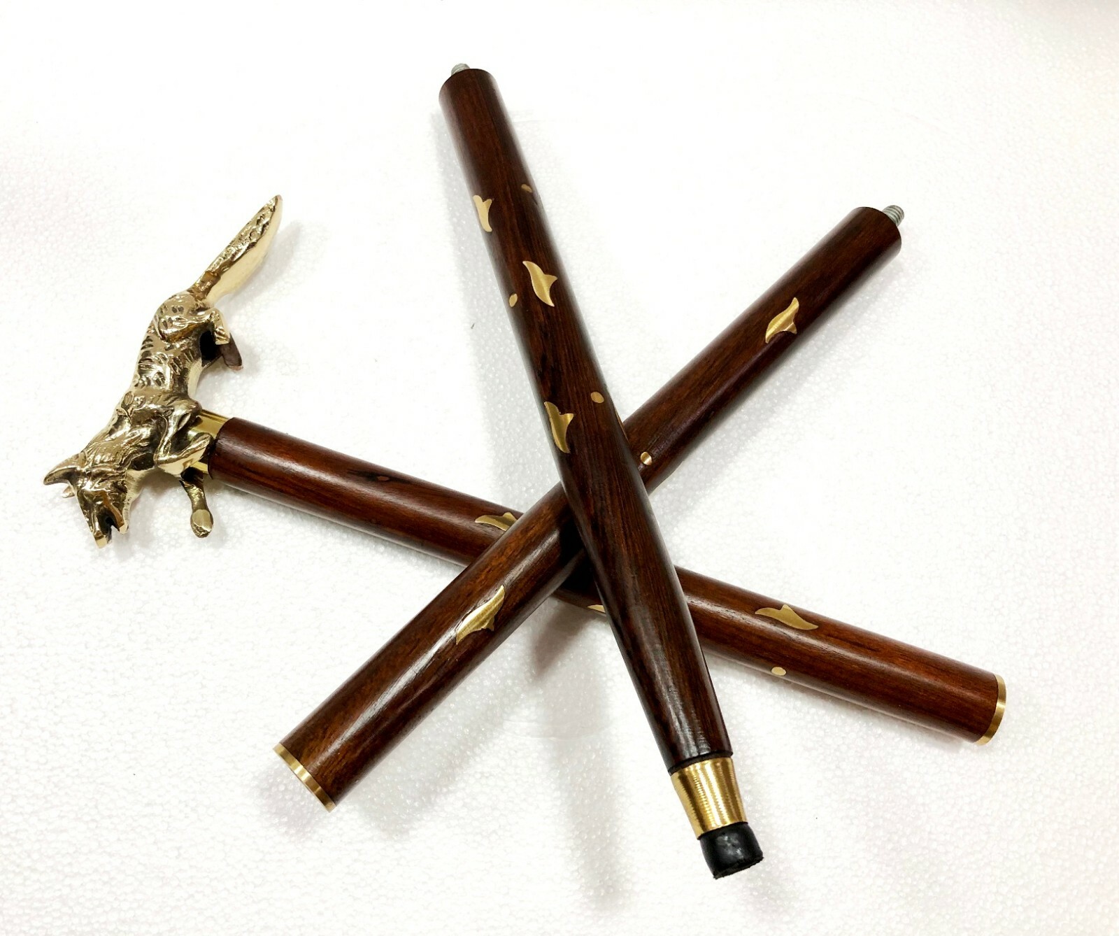 Antique 3 fold Designer Brass Wolf Handle Wooden Fold… - Gem