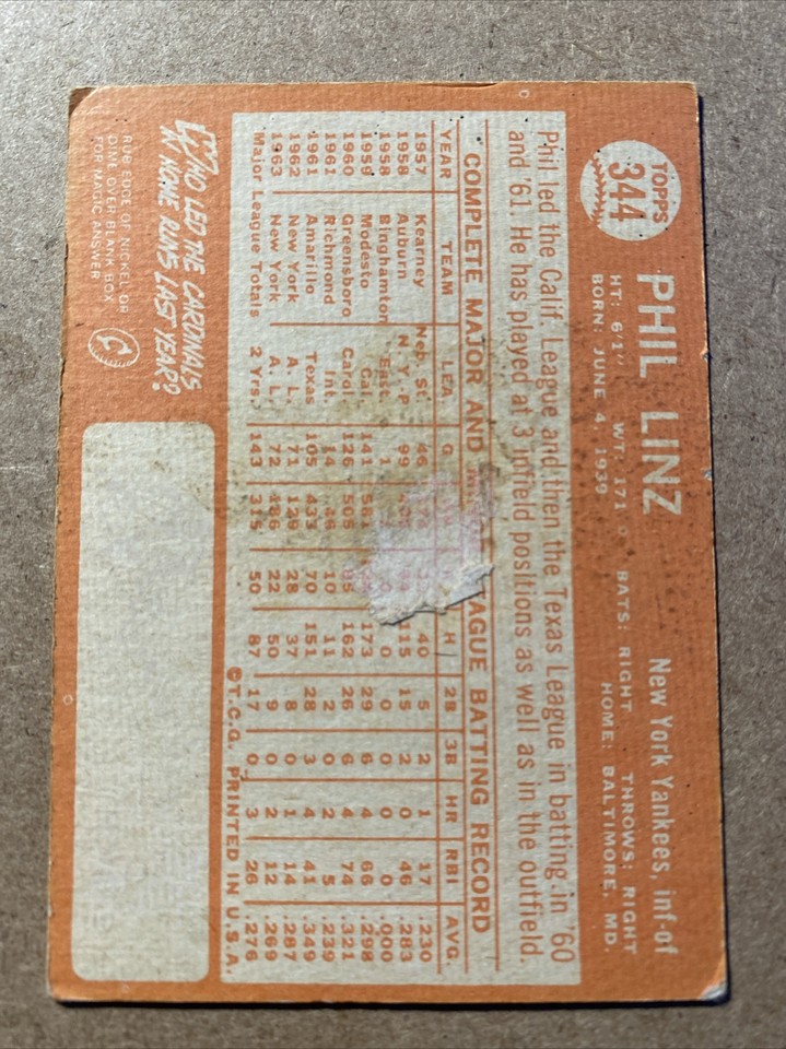 1964 Topps #344 PHIL LINZ Autographed SIGNED Card - New York Yankees ...