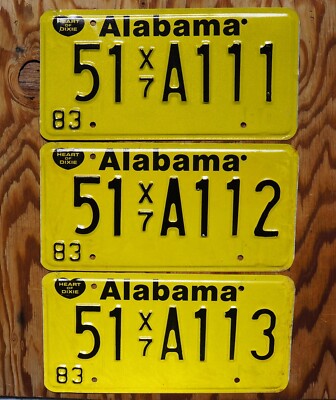 1983 Alabama YELLOW License Plate Plates - LOT OF 3 - SEQUENTIAL ORDER ...