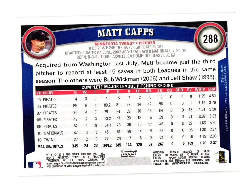 2011 Topps Baseball Card 288 Matt Capps Minnesota Twins Pitcher | eBay