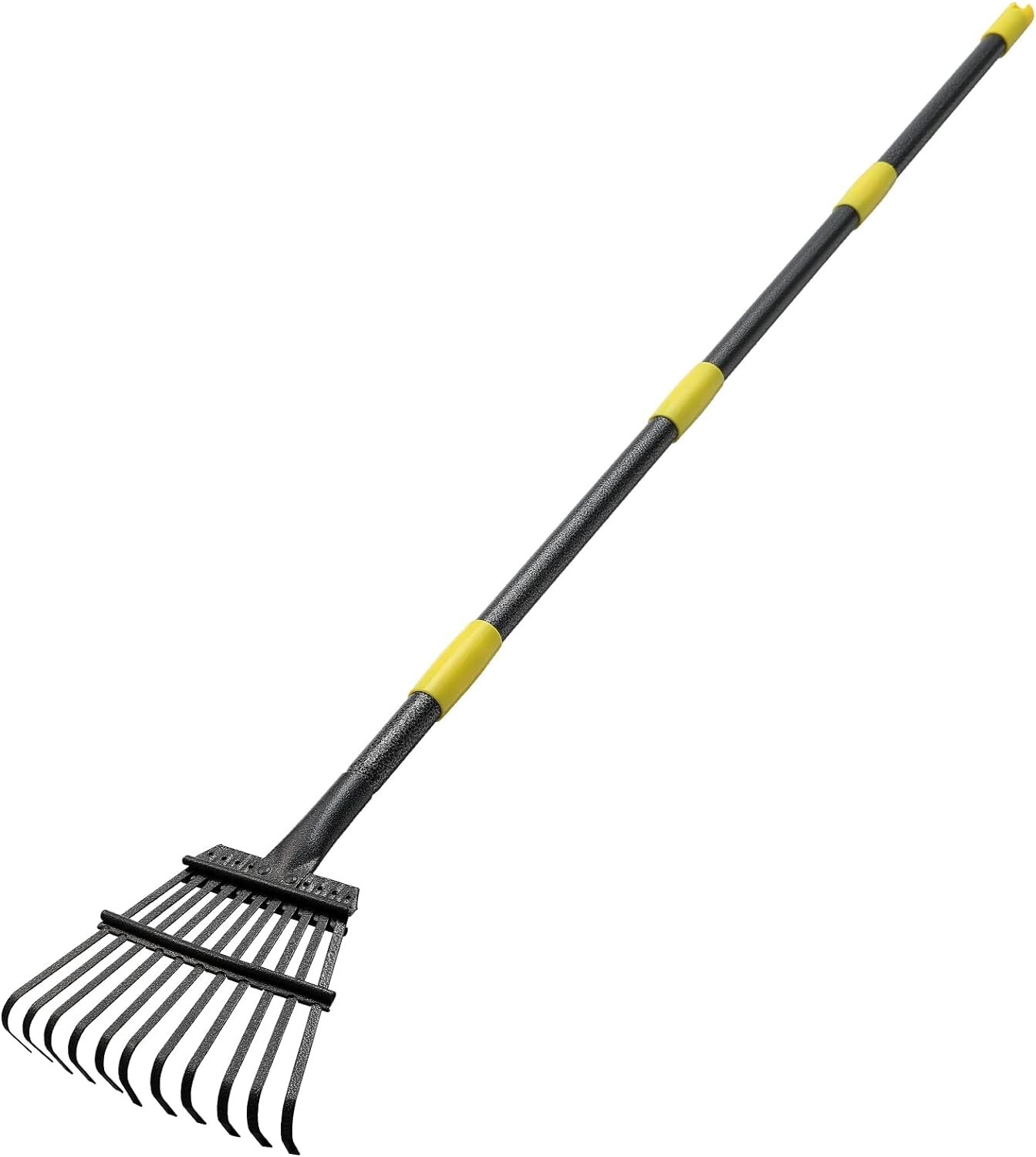 Garden Leaves Rake - 73 Inch Heavy Duty Small Shrub Rake - 11 Metal ...