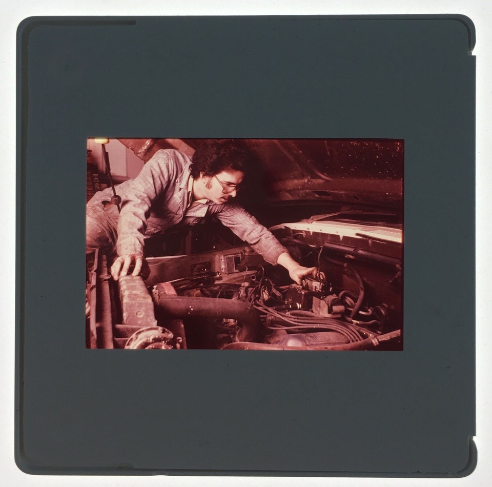 1981 Mechanic Working on Engine Vtg 35mm Slide Coveralls Grease ...