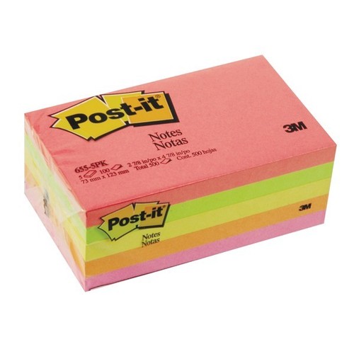 3M POST-IT NOTES 655-5PK NEON COLOURS ASSORTMENT 73mm x 123mm 5 ...
