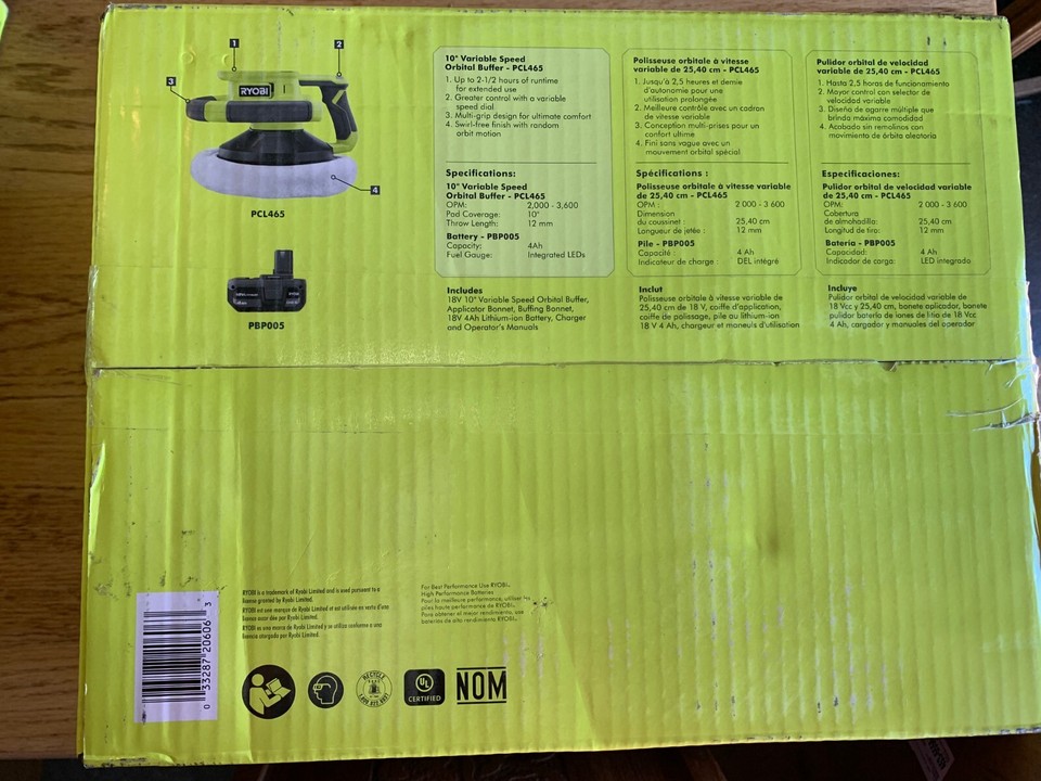 10" VARIABLE SPEED ORBITAL BUFFER KIT 18v Ryobi ONE+ w/ 4Ah battery ...
