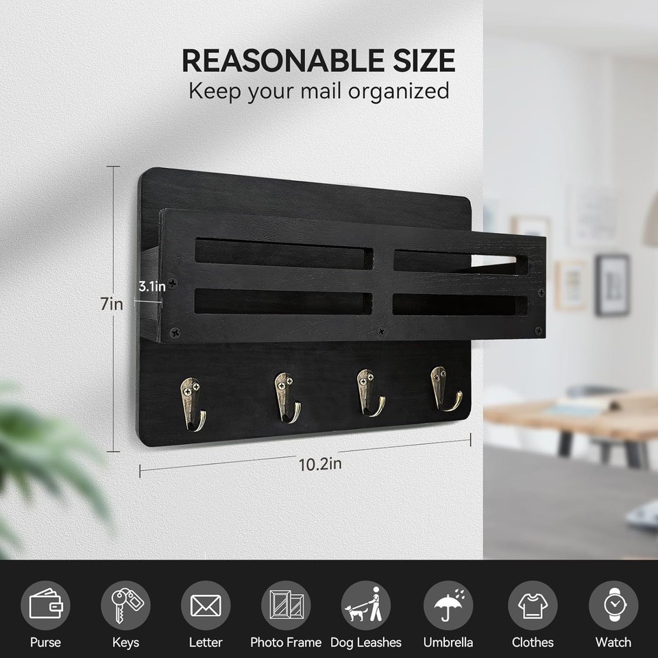 10" Wall Key Holder Mail Organizer 4 Hooks Rustic Wood Entryway (Black ...
