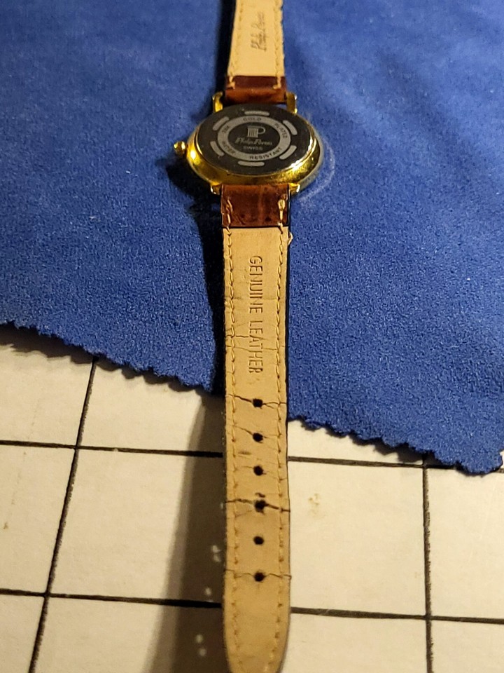 Philip Persio 24 kt gold plated ladies vintage watch. w/leather strap ...
