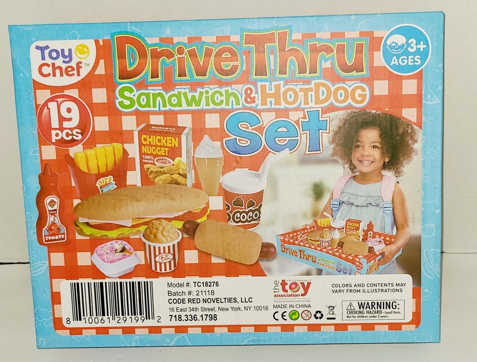 Toy Chef Drive Thru Sandwich & Hotdog Set 19 Pieces Play Food Pretend ...