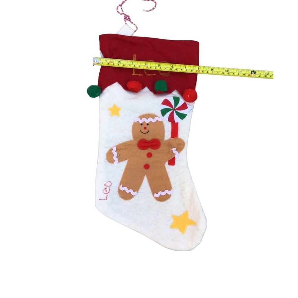 RED/WHITE GINGERBREAD MAN CHRISTMAS STOCKING "LEO" EMBELLISHED ON TOP ...