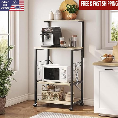 4-Tier Rolling Microwave Cart W/Sliding Shelf & 10 Hooks Kitchen Living ...