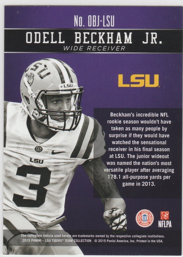ODELL BECKHAM JR. 2015 PANINI LSU COLLEGIATE HONORS INSERT OBJ-LSU $1 ...
