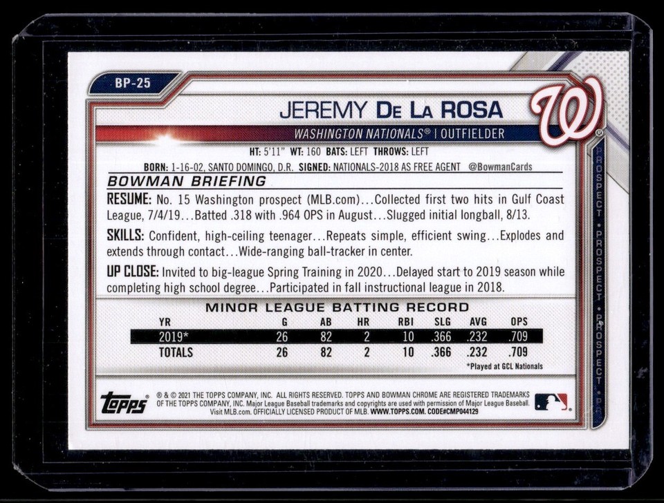2021 Bowman Prospects Jeremy De La Rosa G949 Washington Nationals #BP ...