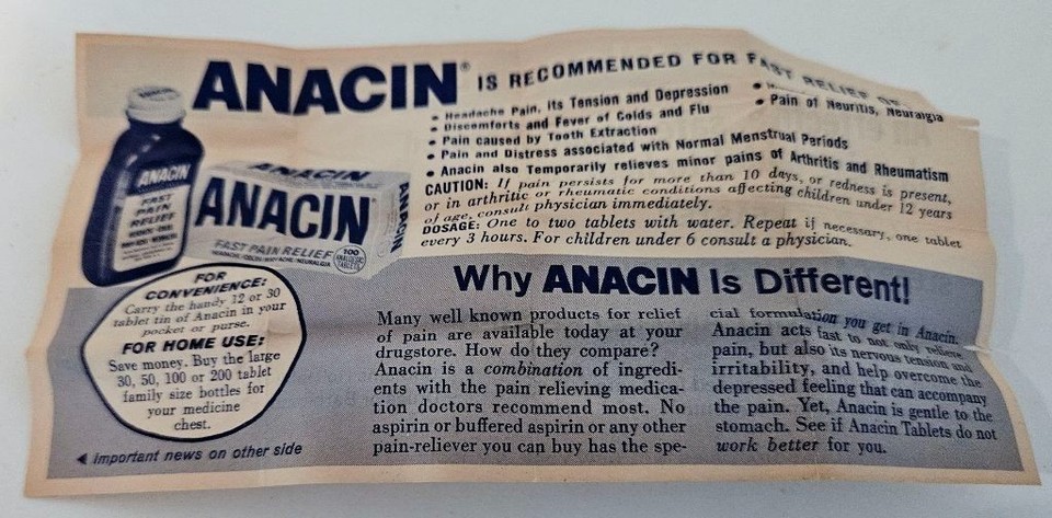 2 VTG ANACIN Tin Pain Relief w/Ad Insert &6 Tablets +Layman's Asperline ...
