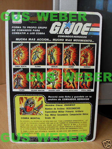 Cobra Mortal Card Back File Cardback repro. Argentina Gi Joe | eBay