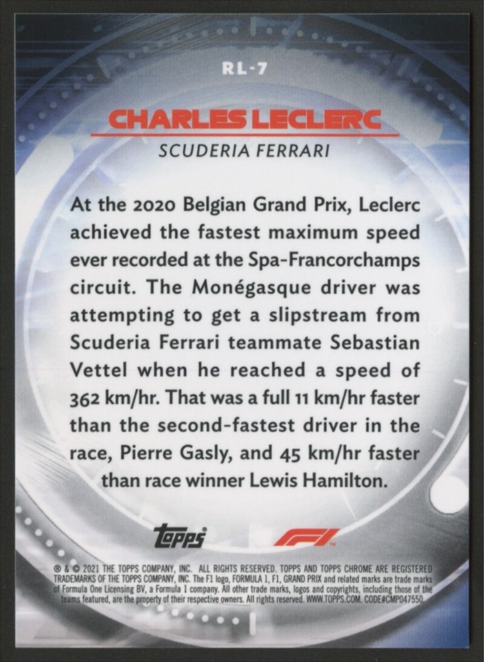 2021 Topps Chrome Formula 1 F1 Red Liners CHARLES LECLERC #RL7 Ferrari ...