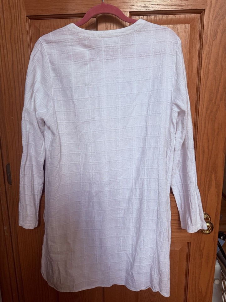 J.jill Pure Jill White Button Duster Sz Med Slits Sides Patterned Linen ...