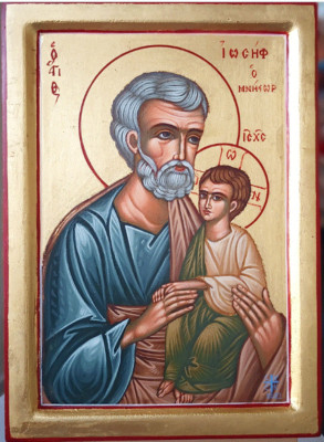 Saint Joseph with child Jesus icon on wood, original hand painted Greek ...