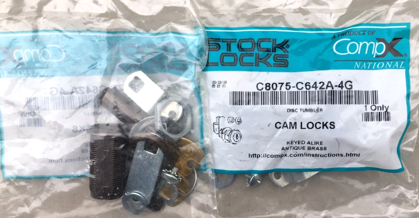 (2) CompX C8075-C642A Cam Lock 1-7/16" Keyed Alike Antique Brass USA ...
