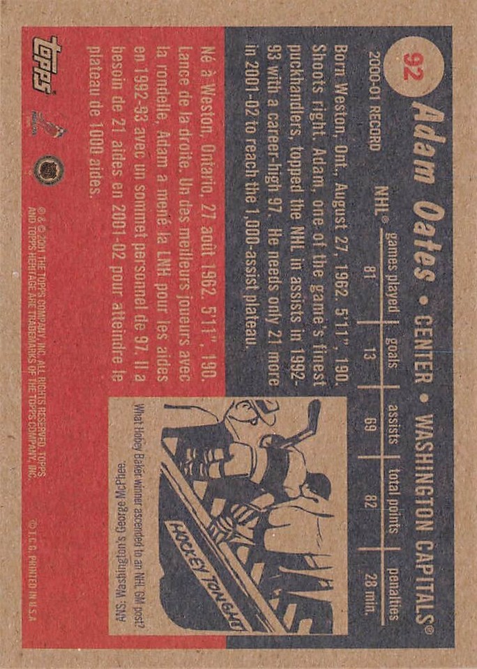 2001 Topps Heritage #92 Adam Oates Washington Capitals | eBay