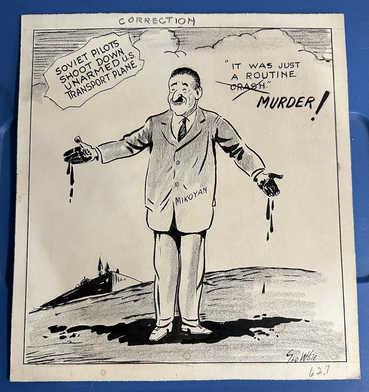 ORIGINAL ARTWORK GEORGE WHITE EDITORIAL CARTOON 1958 RUSSIA DOWNS US C ...