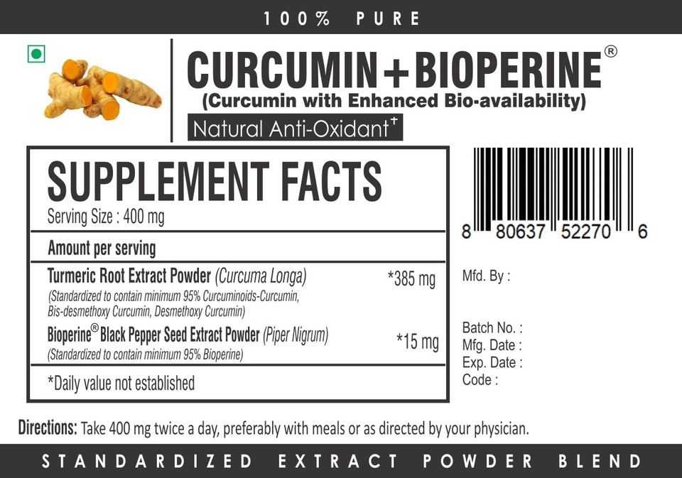 Turmeric Curcumin & Black Pepper Bioperine Powder 95% Antioxidant High ...