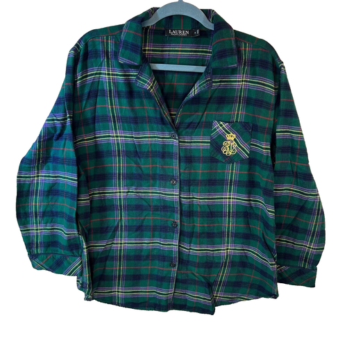 Lauren Ralph Lauren Womens XL Green Plaid RLL Logo Flannel Button Sleep ...