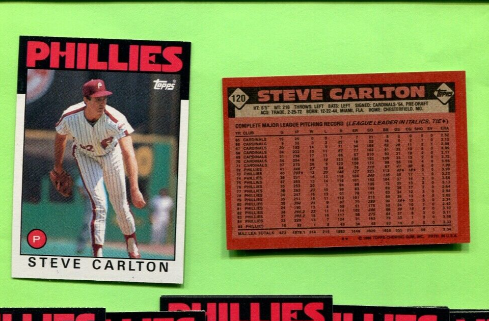 STEVE CARLTON PHILADELPHIA PHILLIES 1986 TOPPS BASEBALL #120 50 CARD ...