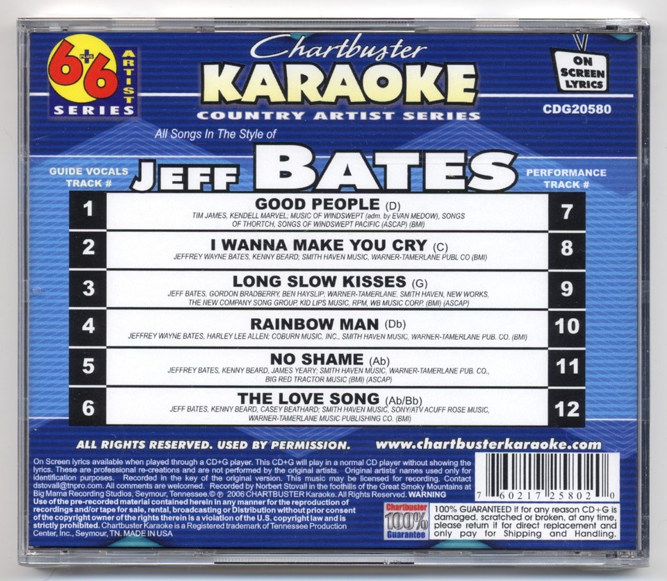 CHARTBUSTER KARAOKE CB-20580 JEFF BATES, NEW 6+6 ARTIST SERIES CD+G ...
