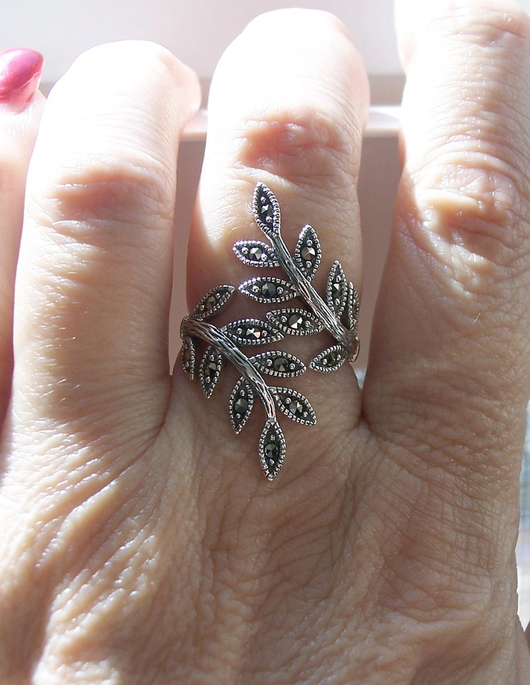 Marcasite Leaves Design Ring 925 Sterling Silver High Polished Women's ...