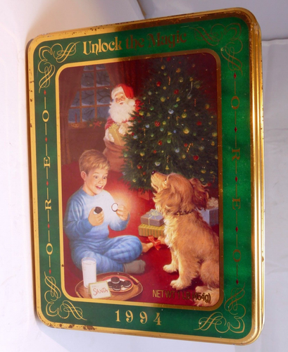 Oreo Cookie Christmas Eve Tin empty container Santa Claus & Boy milk ...