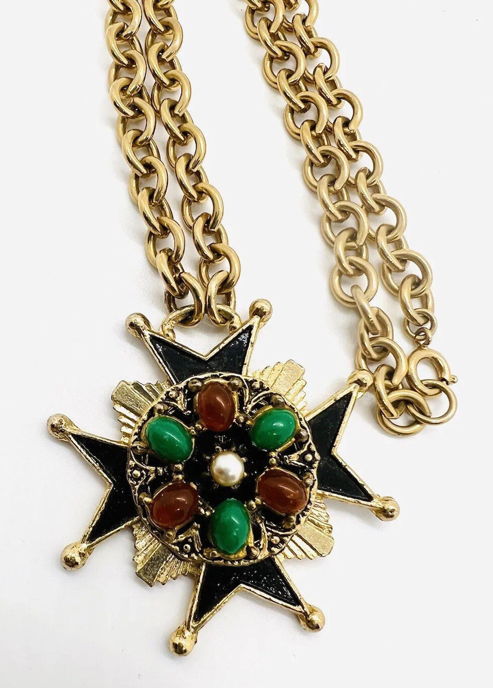 Maltese Cross Necklace Faux Jade & Carnelian Black En… - Gem