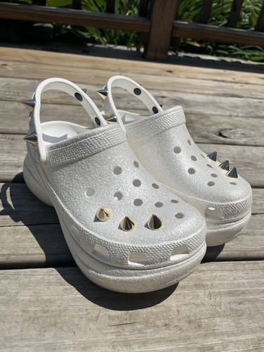 Crocs Classic Bae White Glitter Gold Stud Platform Clogs Womens Size 9 ...