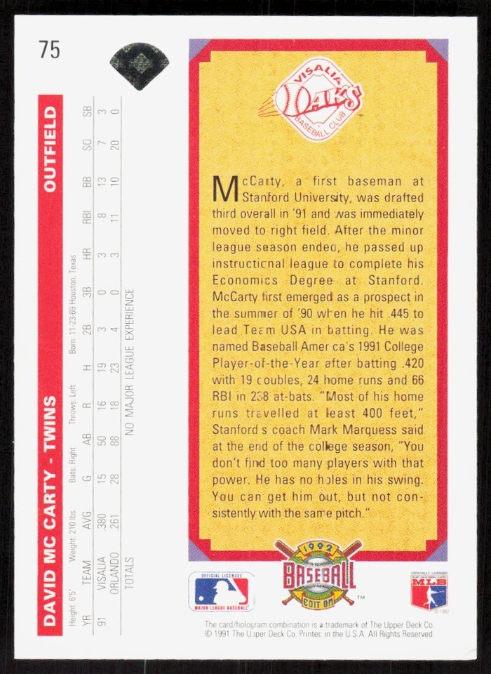 1992 Upper Deck Baseball Card David McCarty Rookie Minnesota Twins #75 ...