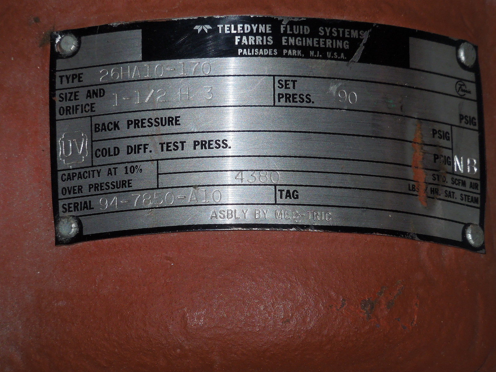 1-1/2 x 3" #26HA10-170 TELEDYNE FARRIS SAFETY RELIEF VALVE, SET AT 90 ...