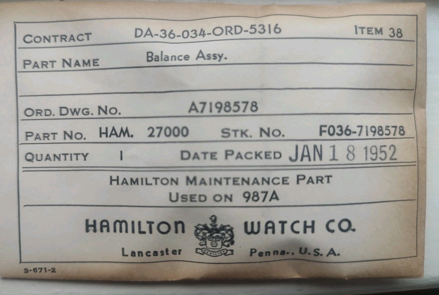 Gents Hamilton Balance Complete for Grade 987A Fact… - Gem