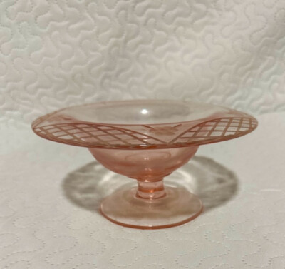 Vintage Pink Depression Compote Cut Diamond & Lattice edge w/ Florals ...