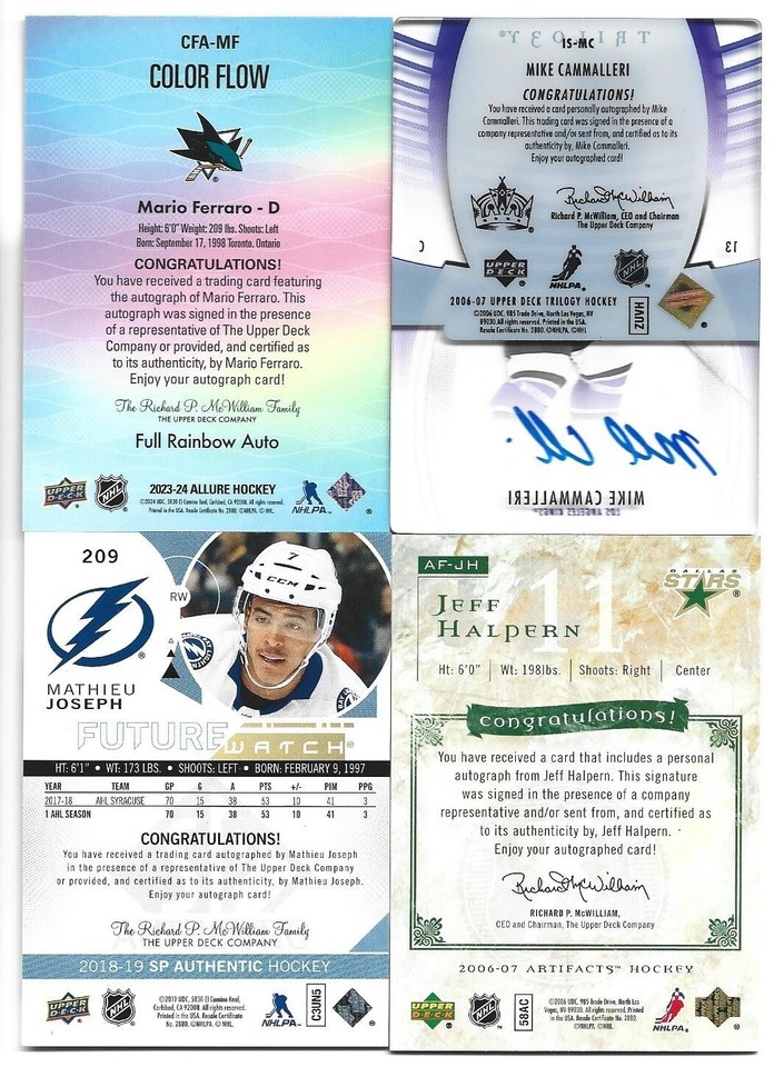 4 Autograph card Lot Mario Ferraro Mike Cammalleri Mathieu Joseph Jeff ...