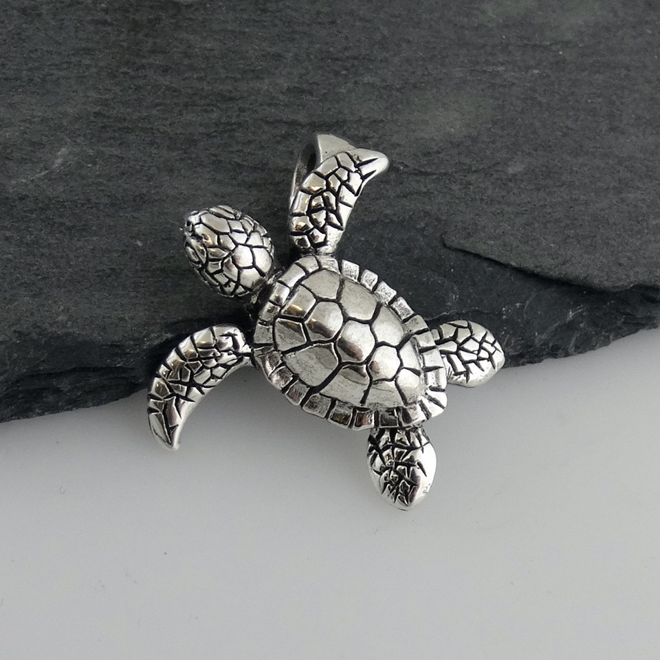 Baby Sea Turtle Pendant - 925 Sterling Silver - 3D Marine Turtles Shell ...