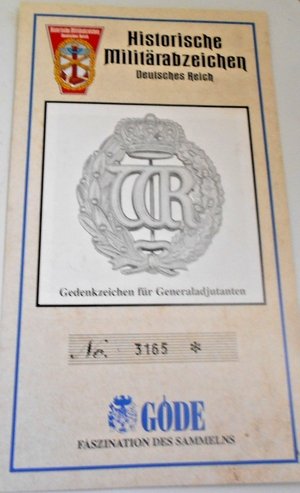 WW1 IMPERIAL GERMAN MILITARY MEDAL / BADGE "Memorial for the Adjutant ...