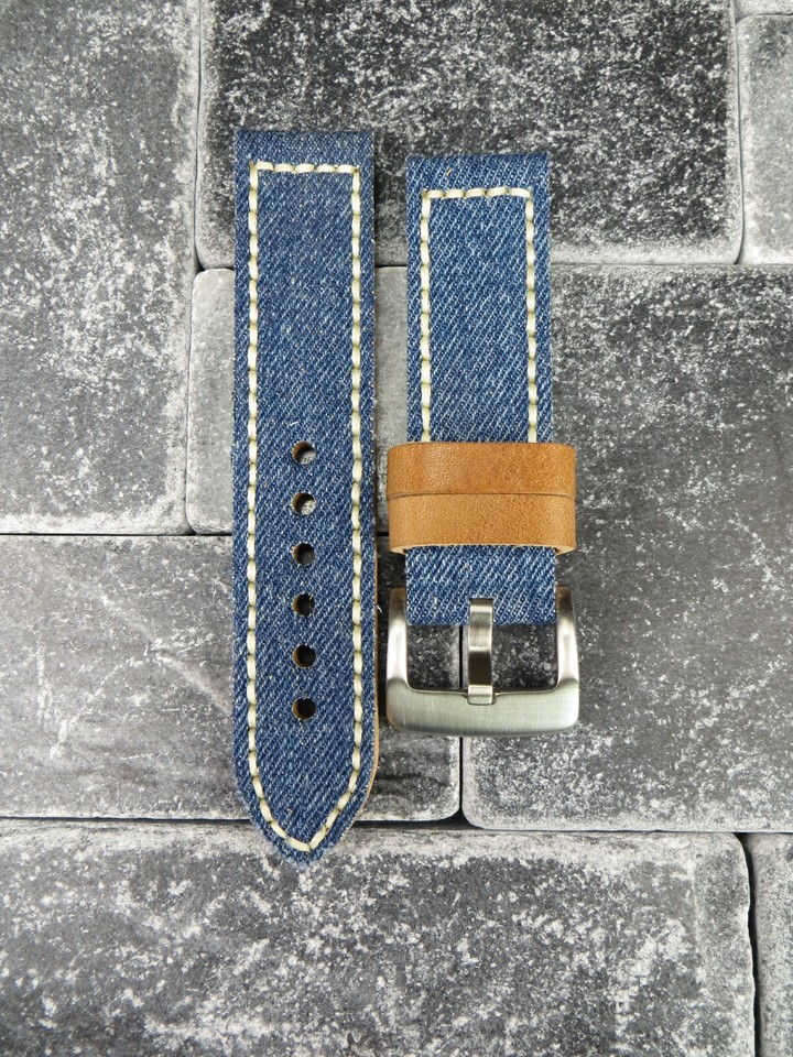 NEW 22mm BIG CANVAS LEATHER STRAP Blue Denim Watch Band White Stitch ...