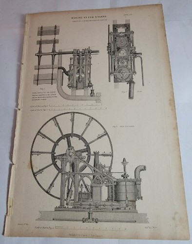 1877 PRINT MARINE STEAM ENGINE ROBERT NAPIER SIDE ELEVATION CROSS ...