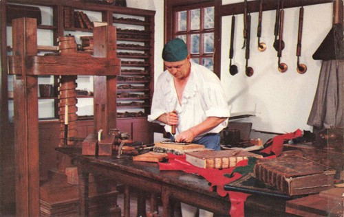 Postcard VA Williamsburg Colonial Bookbindery Libraries Leather Tools ...