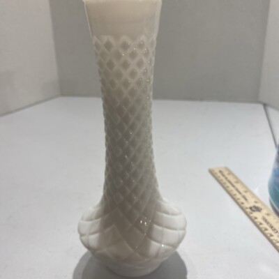Vintage White Milk Glass Diamond Pattern Flower Bud Vase 9" Height JU ...