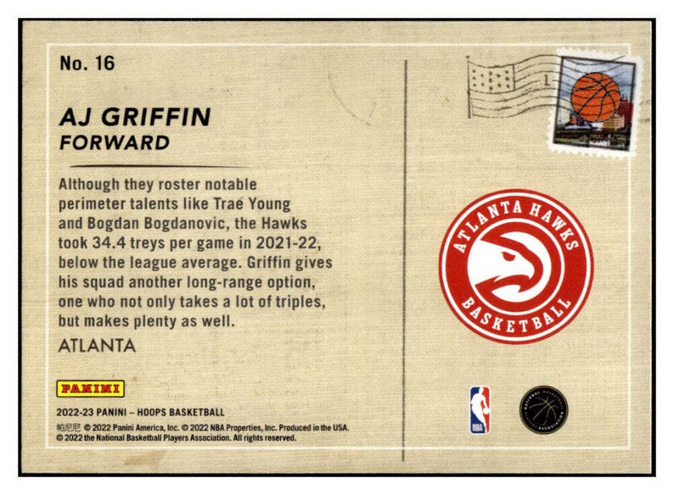 AJ GRIFFIN RC 2022-23 Panini NBA Hoops Rookie Greetings #16 ROOKIE Hawk ...